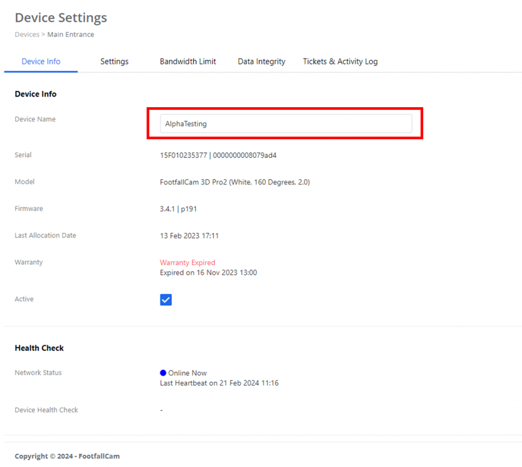 Device Setting Page - FootfallCam